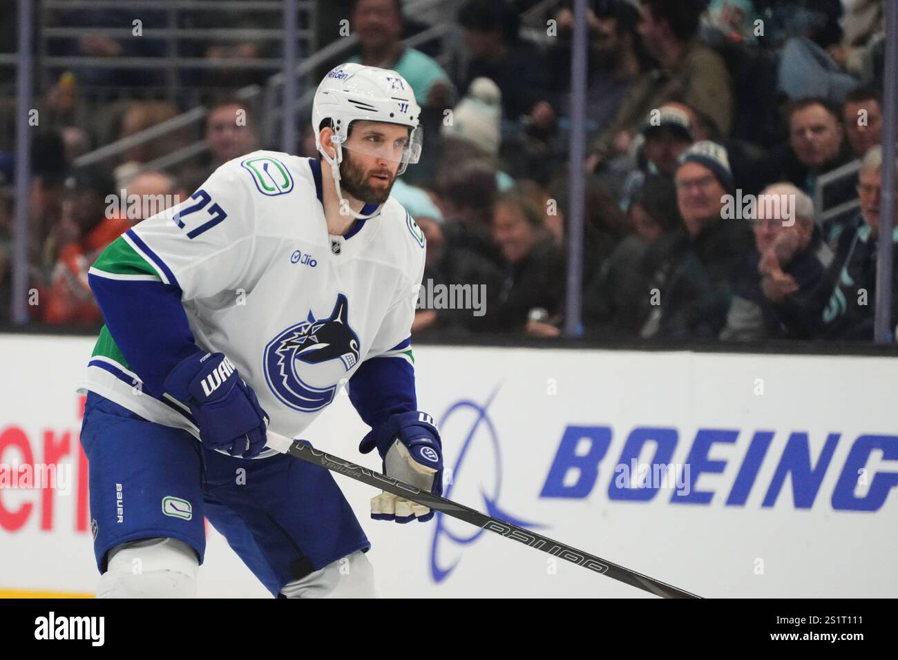 Vancouver Canucks defenseman Derek Forbort looks on against the Seattle ...