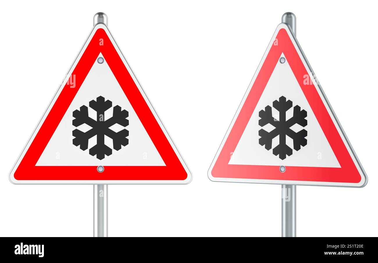 Beware of ice or snow, road sign. Front and side views, 3D rendering ...