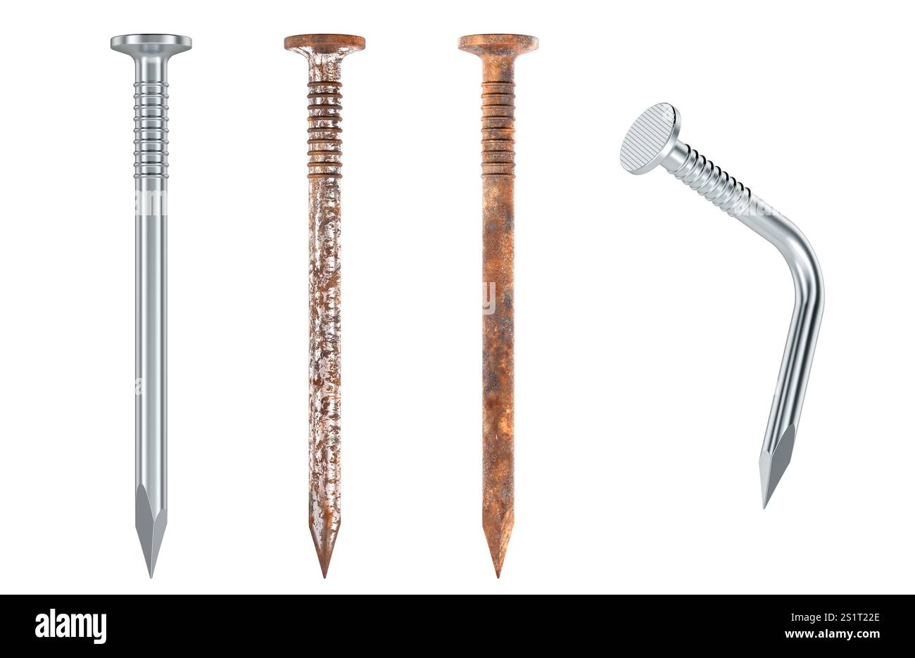 Steel Nails. New, rusty corroded old rusty nails and curved metal nail ...