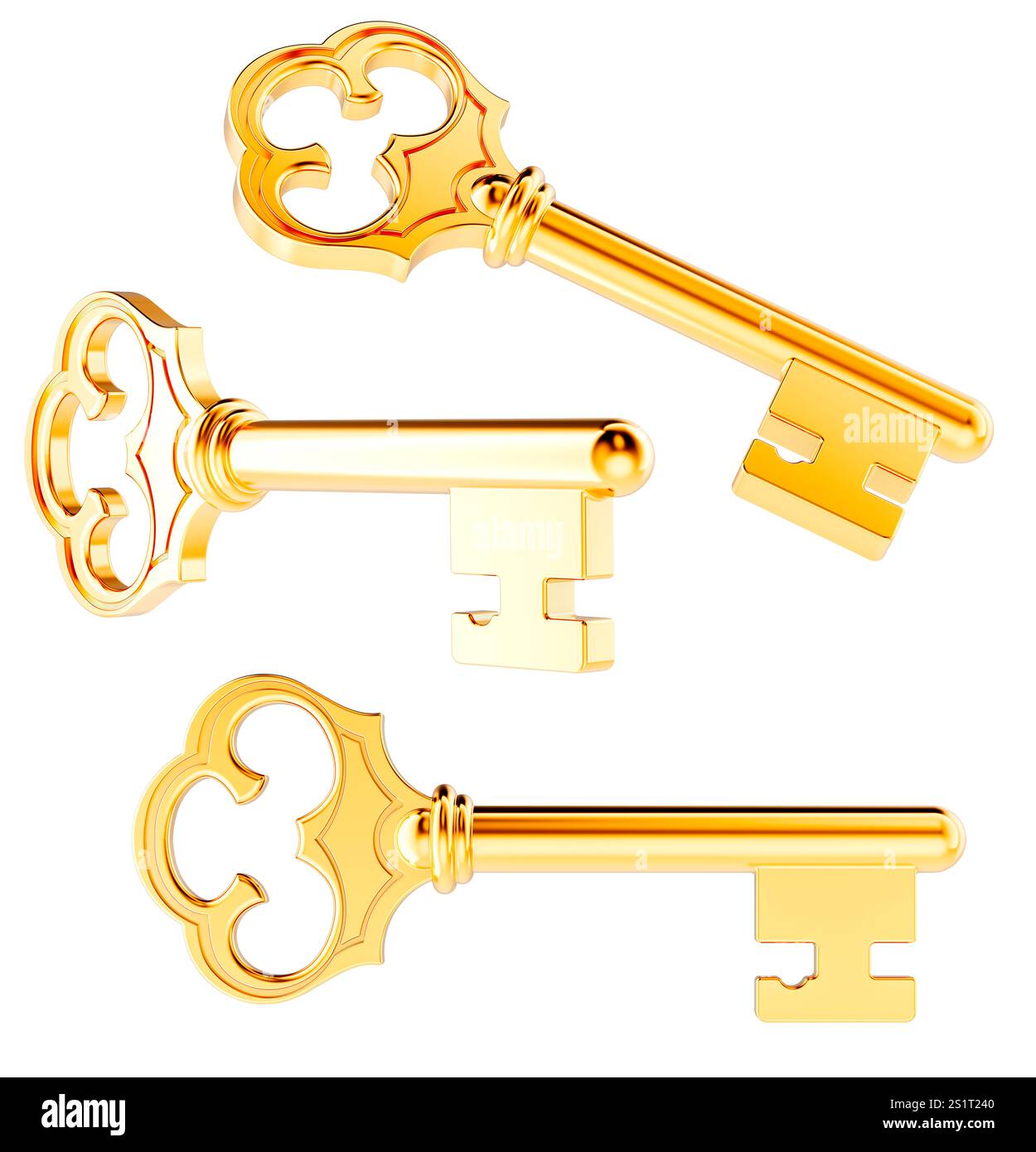 Golden key. Different views and angles, 3D rendering isolated on white ...