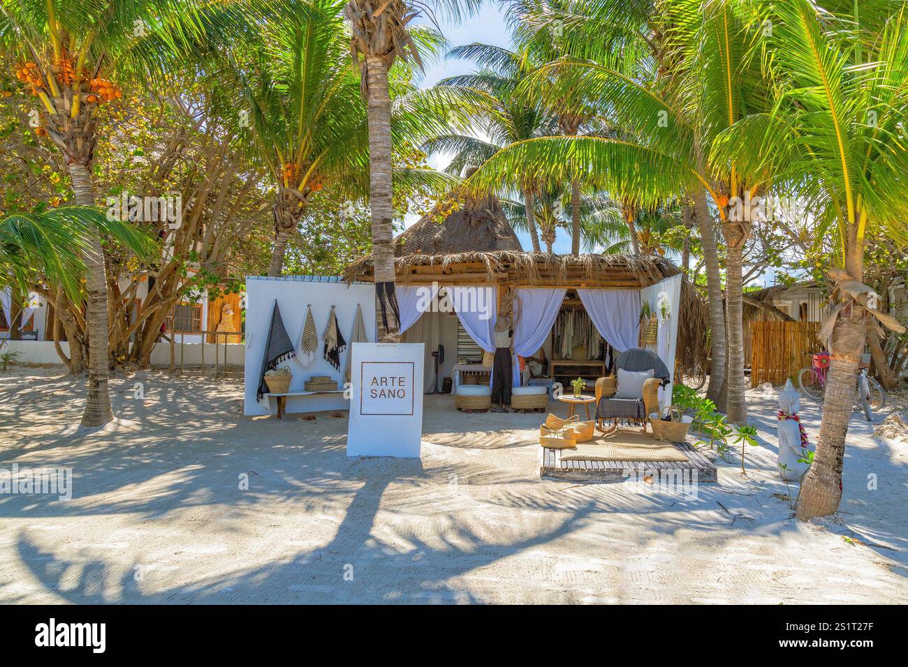 Beachfront Hut Surrounded By Lush Tropical Palms and Sandy Shoreline ...