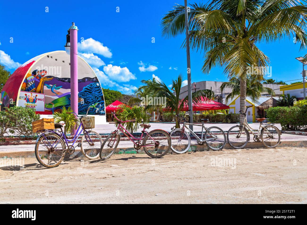 Colorful Tropical Scene with Bikes Parked Beside Palm Trees, Isla ...