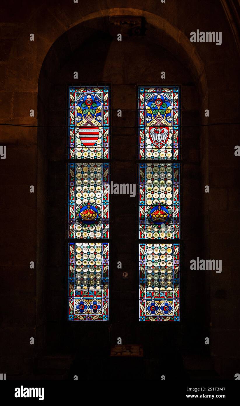 Colorful stained glass window inside Powder Gate Tower (in Czech ...
