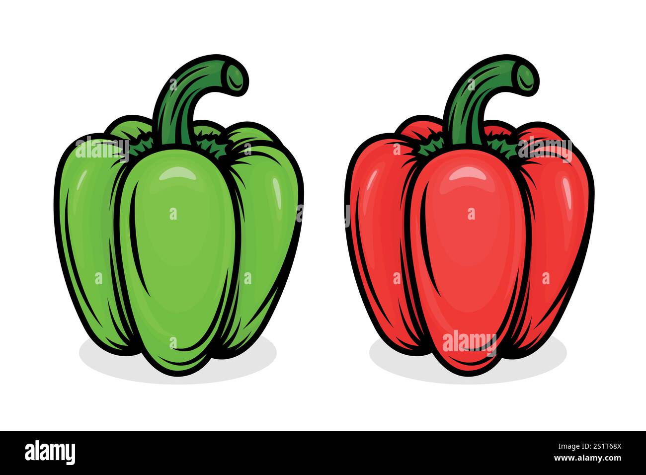 Two Vibrant Vector Cartoon Bell Peppers in Green and Red. Side View ...