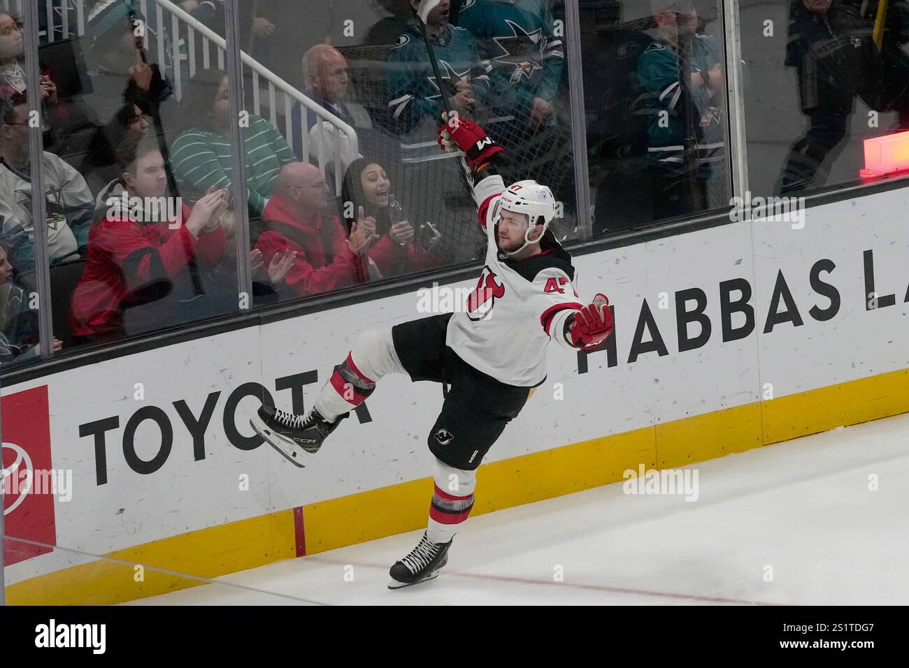New Jersey Devils center Paul Cotter reacts after scoring against the ...