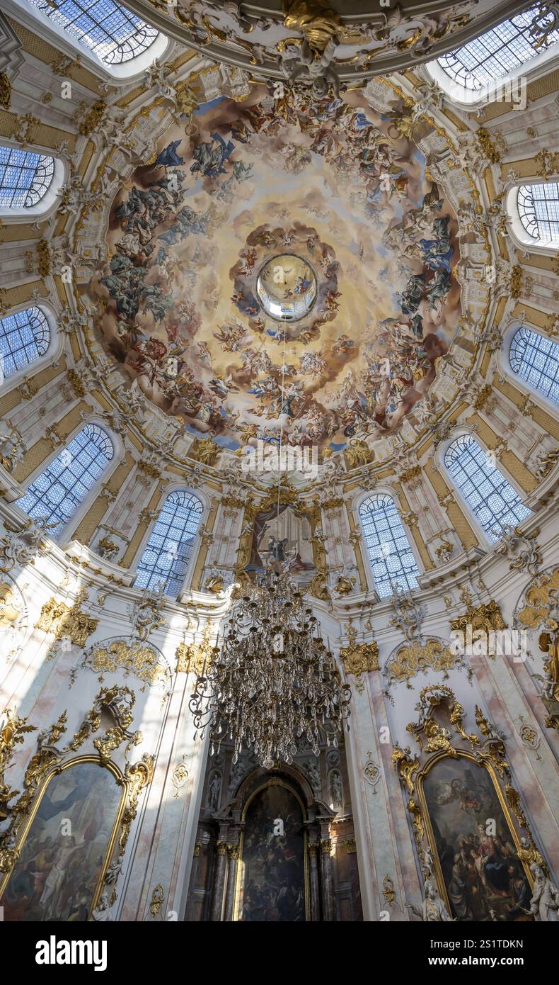 Interior of the baroque church with ceiling paintings and altar, Ettal ...
