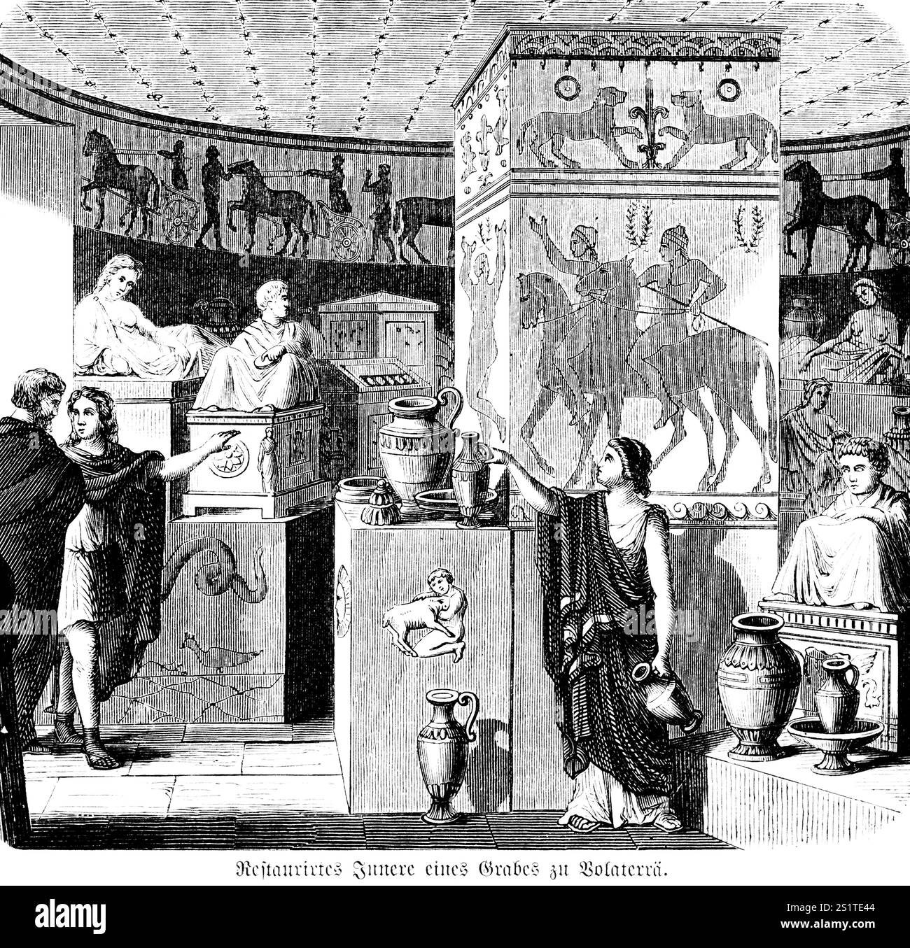 Restored interior of a tomb at Volaterrae or Volterra, wall decoration ...