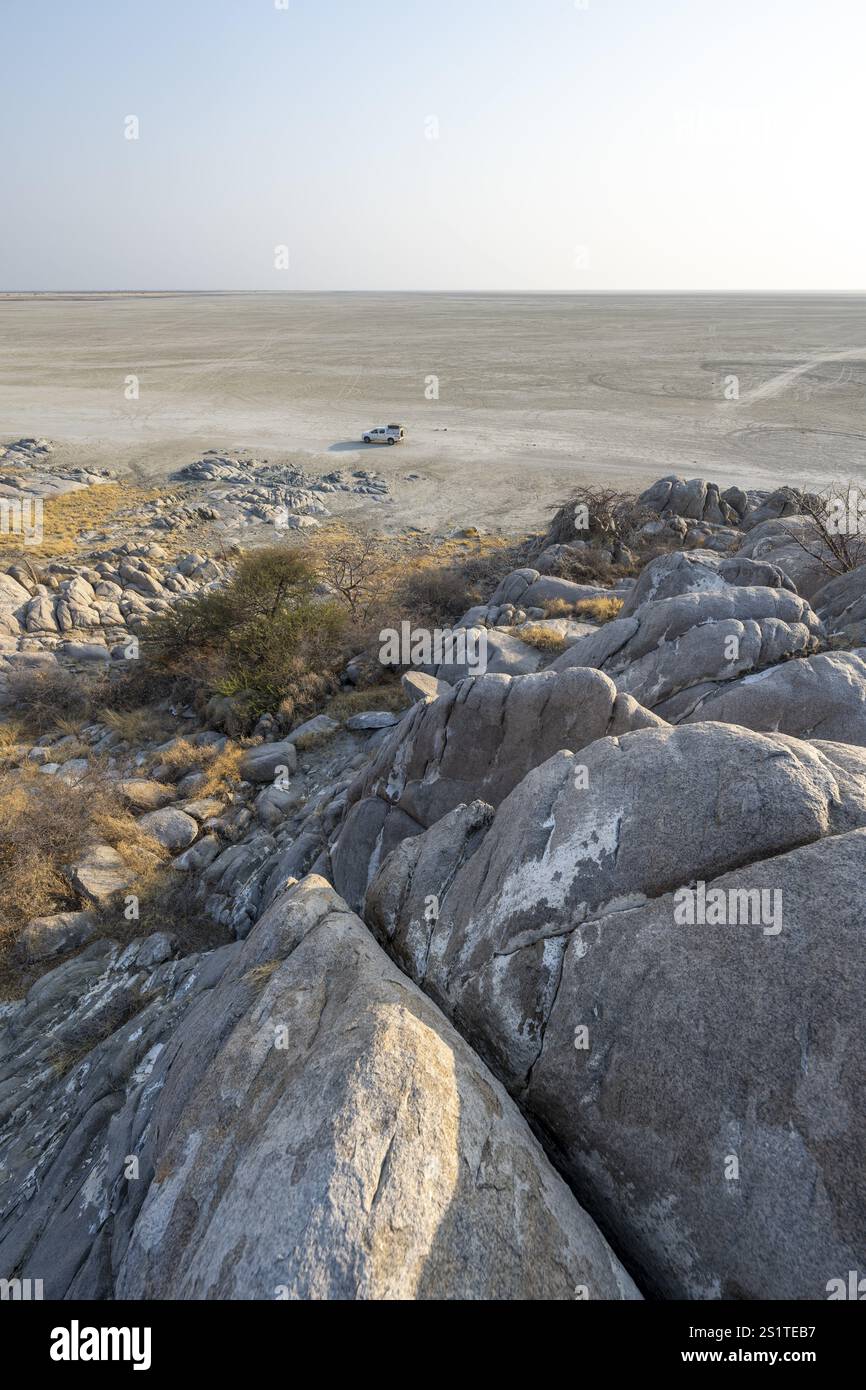 View over round rocks from Kubu Island (Lekubu) to the salt pan with ...