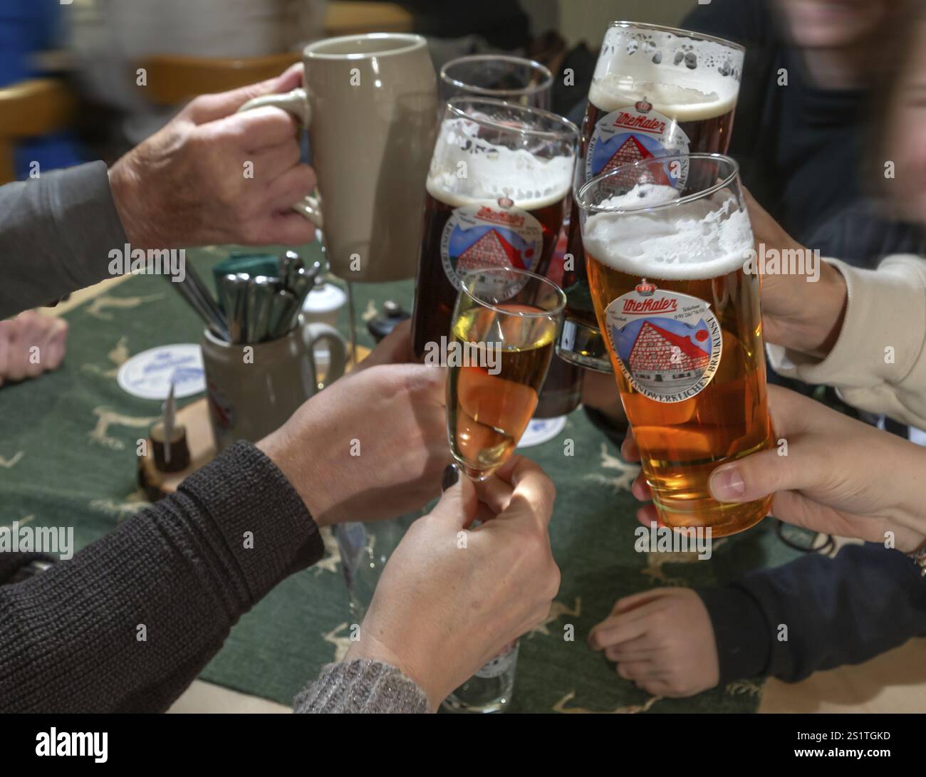 Friends toasting each other with beer in a pub, Franconia, Bavaria ...
