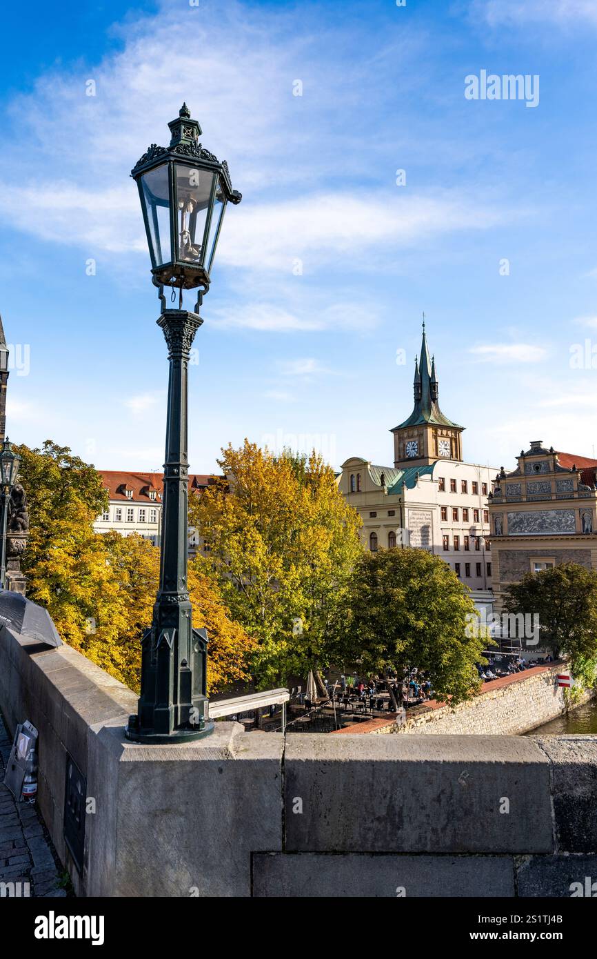 Typical lamp post on Charles Bridge on the Vltava (Moldau) river ...