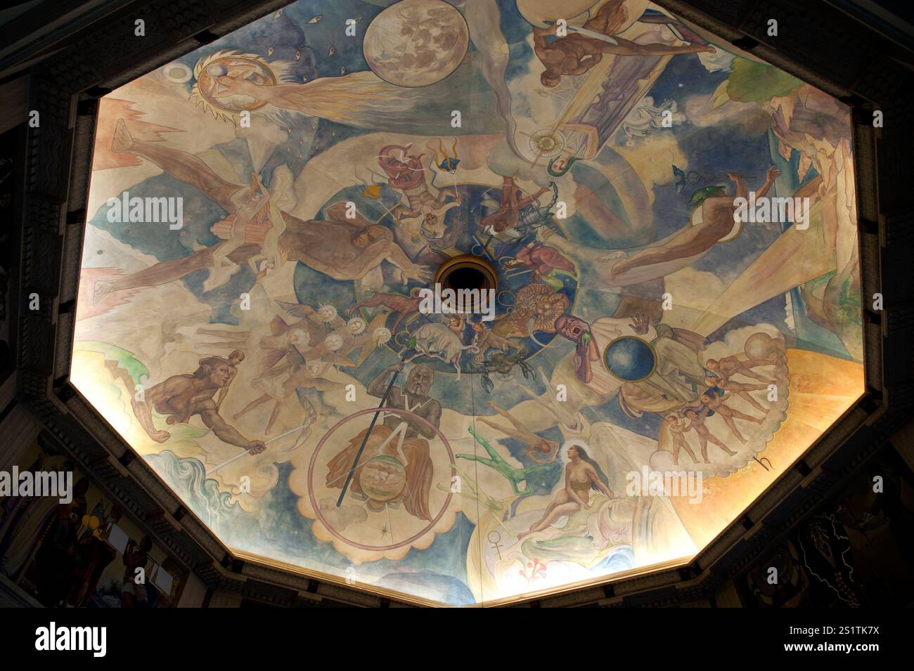 Art Deco mural over pendulum in entrance of the Griffith Park ...