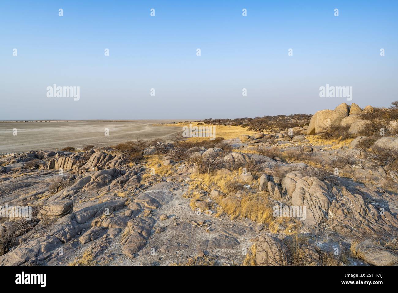 View over round rocks from Kubu Island (Lekubu) to the salt pan, at ...