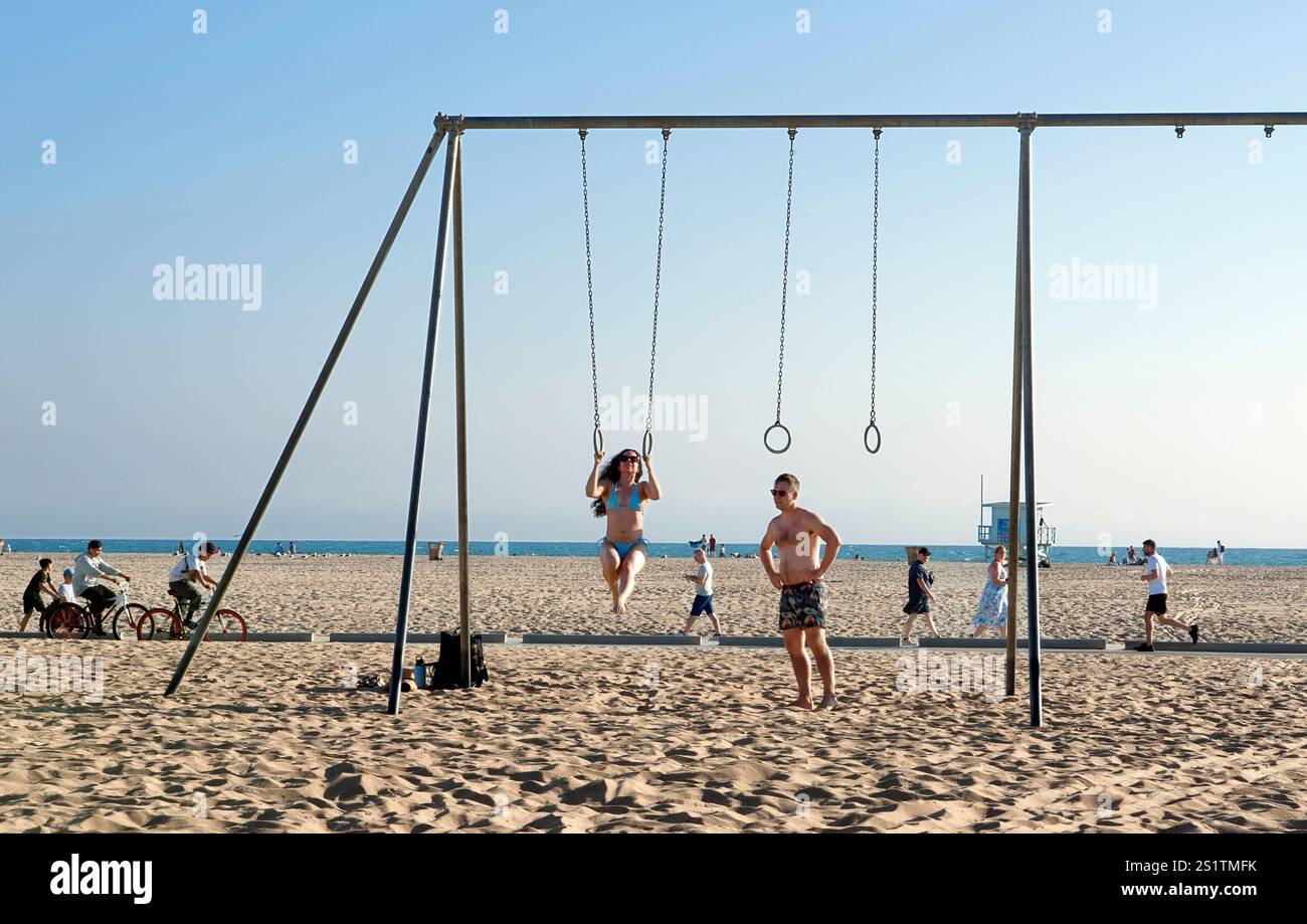 Santa Monica, beach, people, couple, rings, gymnastics, bike path ...
