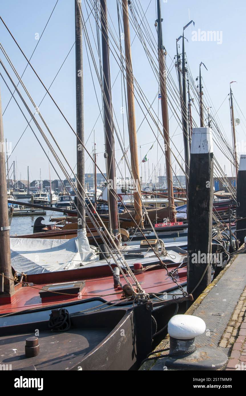 Wooden masts and rigging of classic dutch sailing boats create a ...