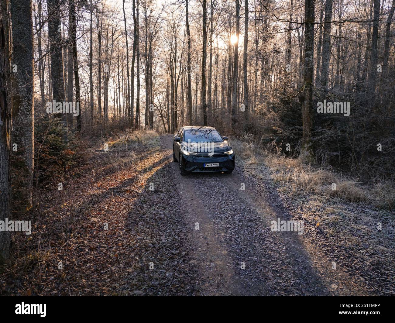 A car on a frosty forest path in the early morning light, car sharing ...