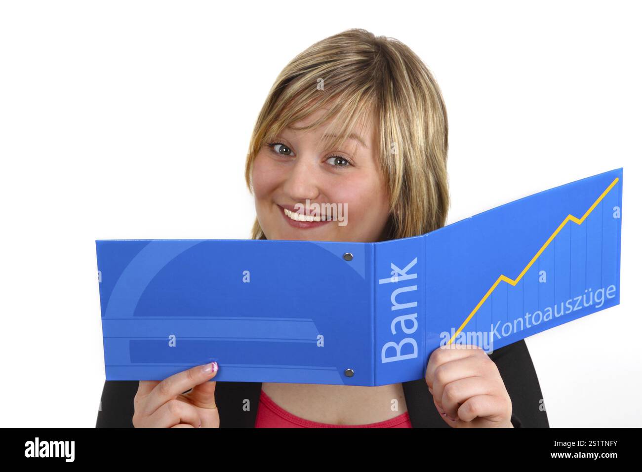 Young woman with bank statement folder - on light background Stock ...
