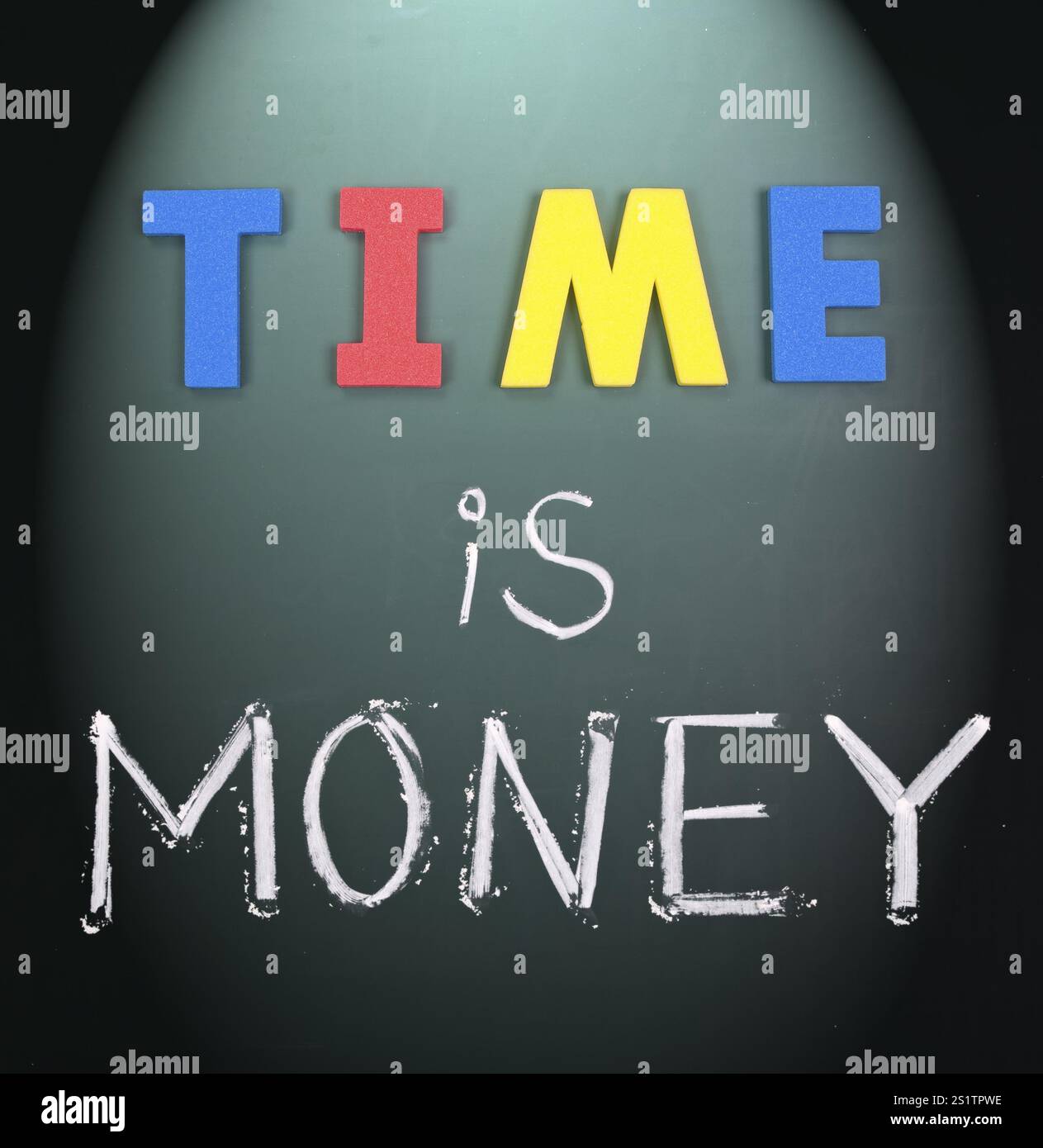 Time is money phrase on chalkboard with colorful letters Stock Photo ...
