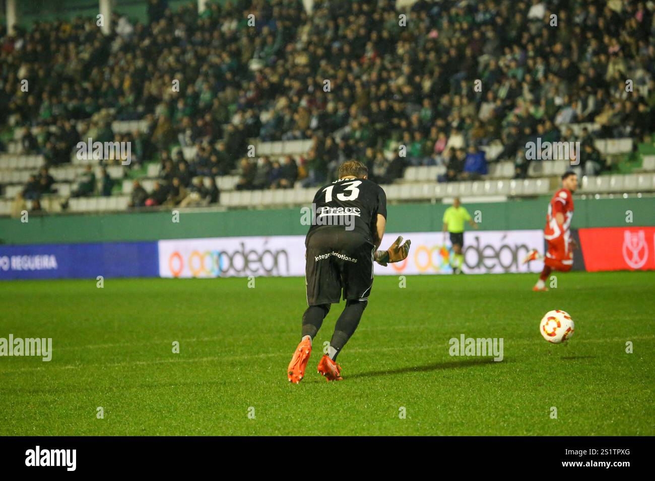 Ferrol, Spain. 03rd Jan, 2025. Racing de Ferrol's goalkeeper Yoel Rodriguez (13) passes the ball ...