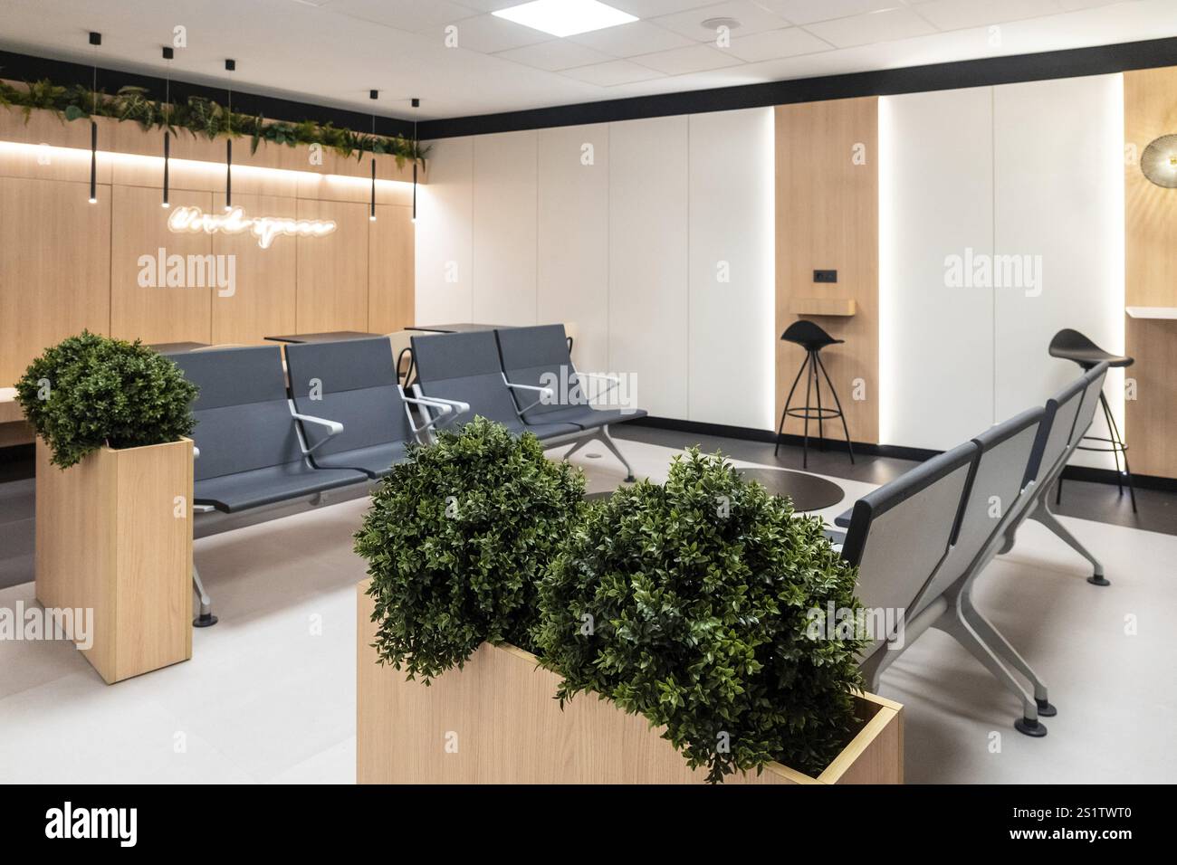 Comfortable waiting area with modern furniture, plants, and soft ...
