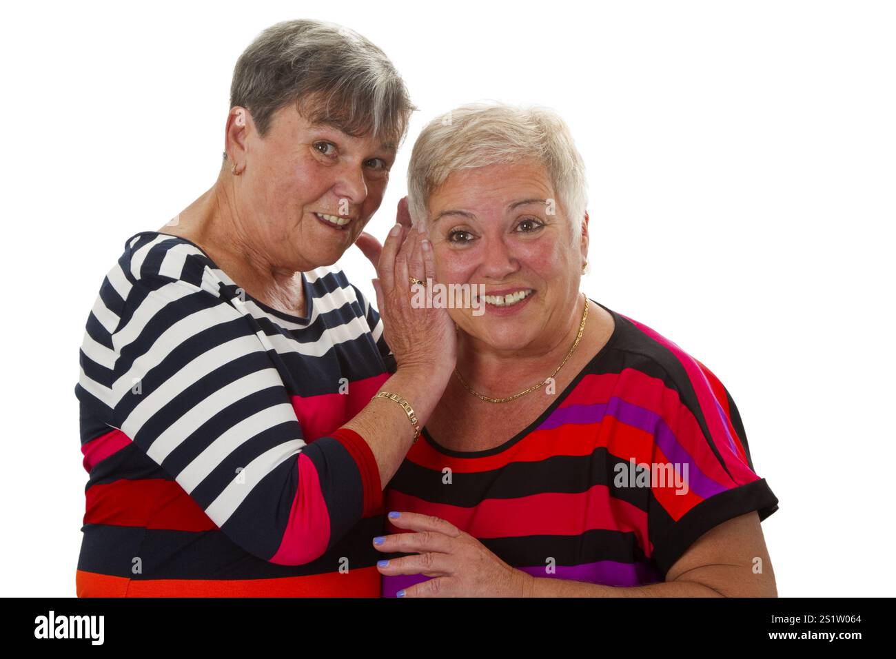 Two senior citizens communicate with each other . cropped on a white ...