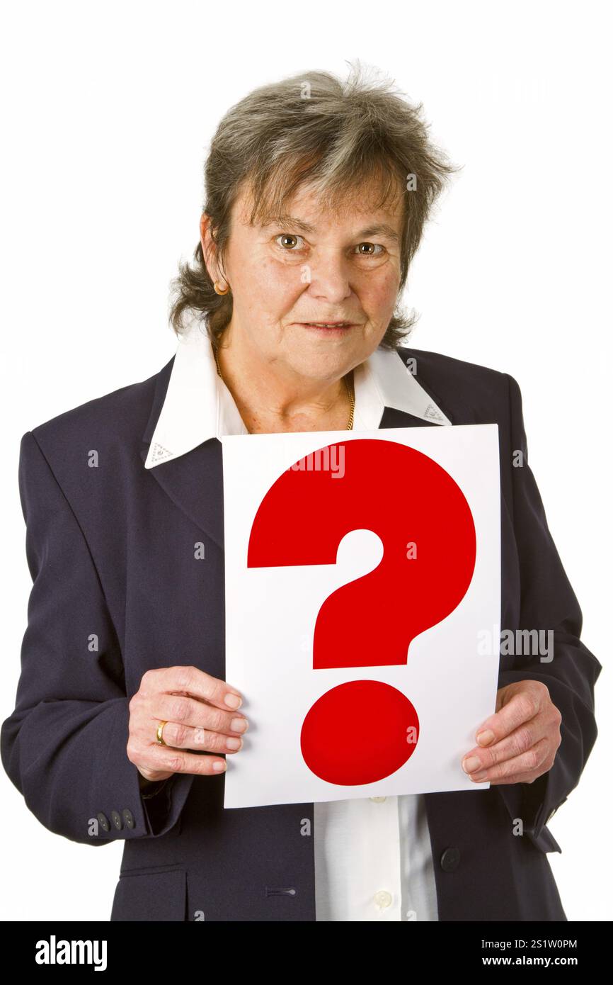 Senior holding question mark - cropped on white background Stock Photo ...