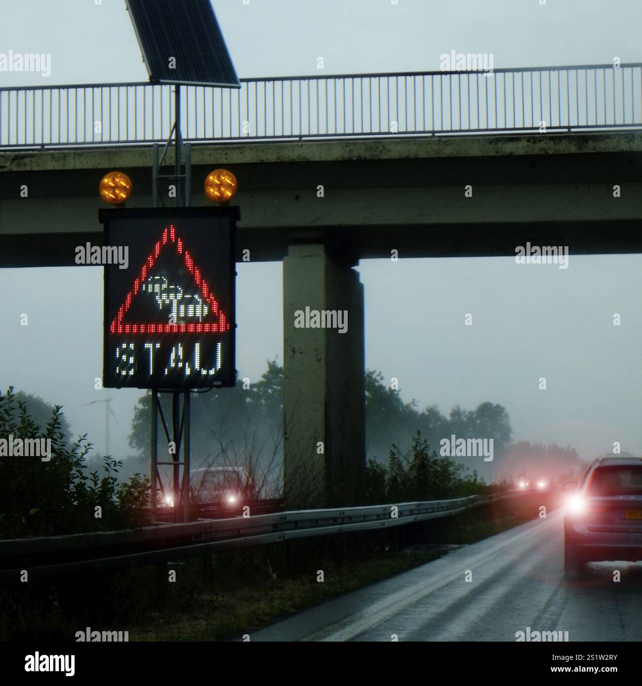 Warning sign for a traffic jam on the motorway in foggy weather. Square ...