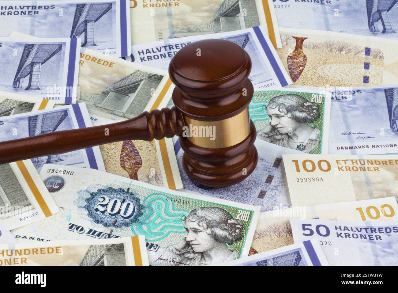 Danish kroner. Currency from Denmark in Europe. Judge's gavel. Cost of ...
