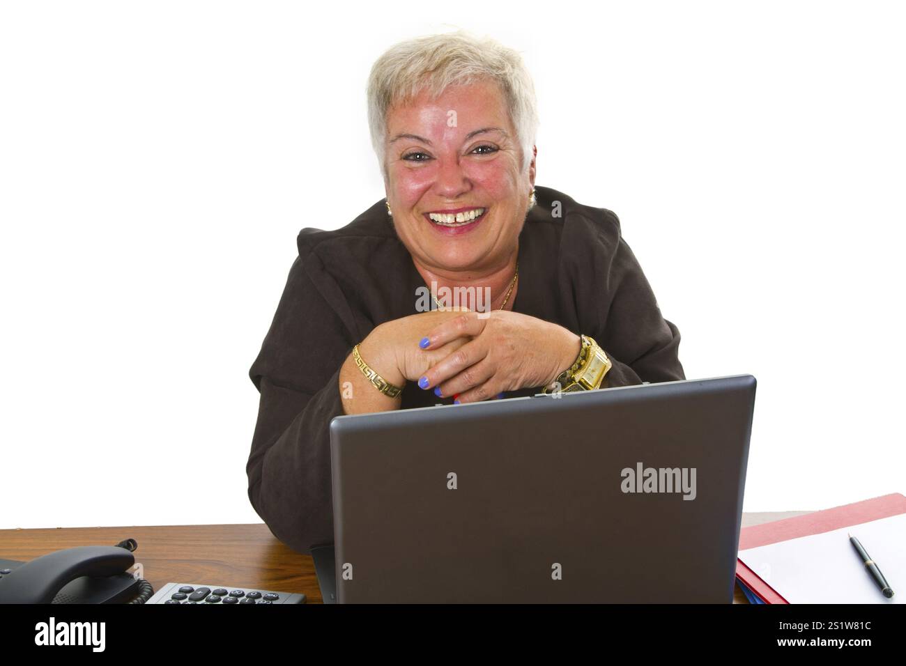 Senior citizen with laptop cropped on white background Stock Photo - Alamy