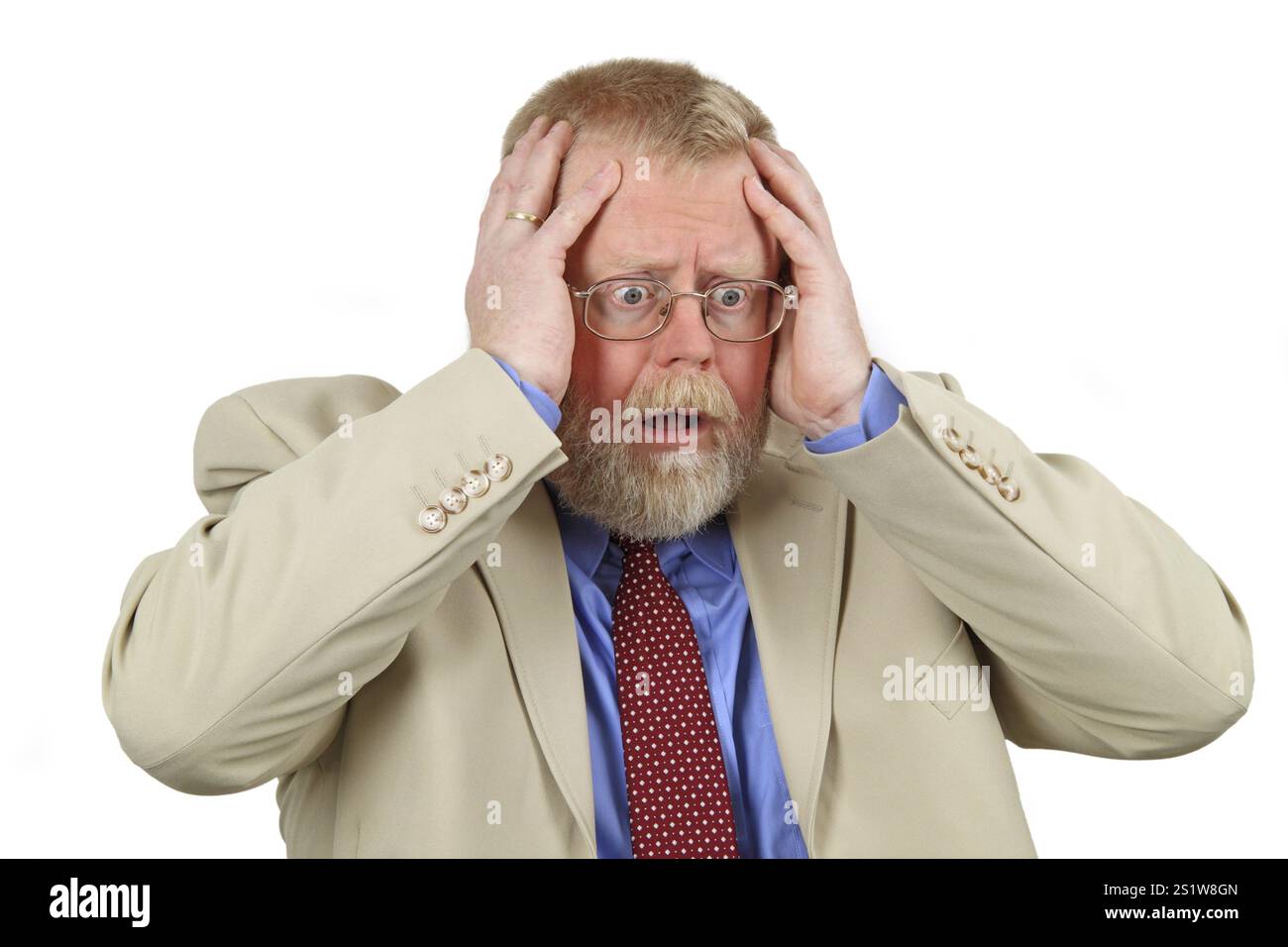 Desperate man holding both hands to his head. White background Stock ...