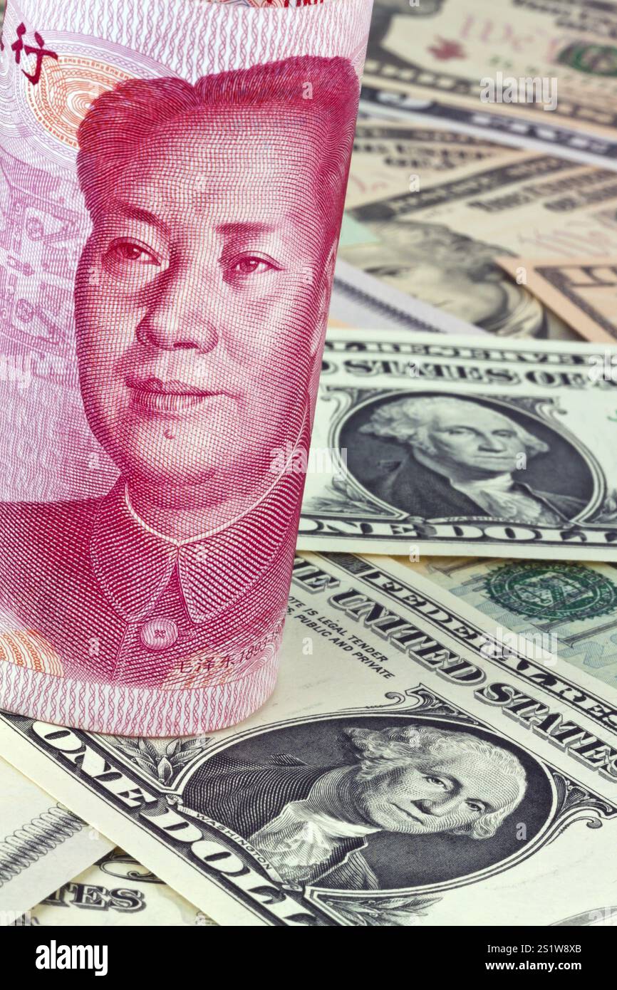 Chinese currency Yuan and American Dollar banknotes Austria Stock Photo ...