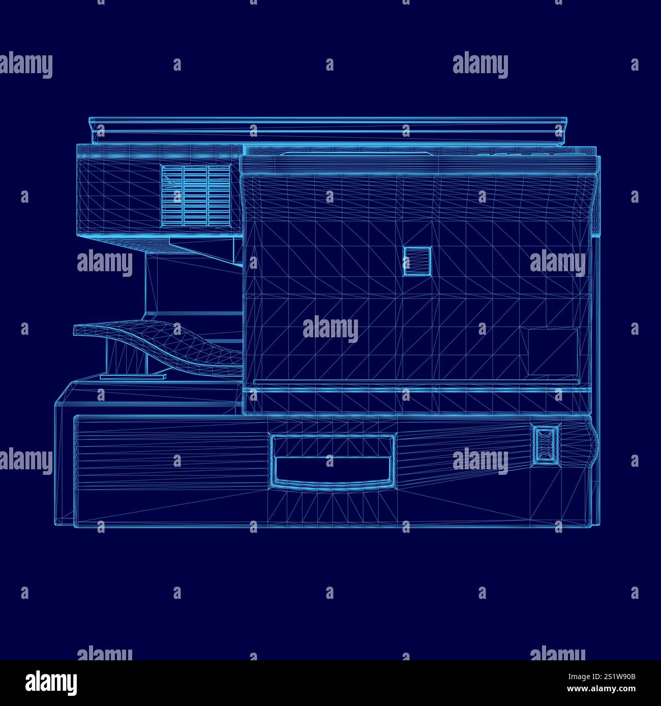 Blue drawing of a printer. The printer is a large, modern model with a ...