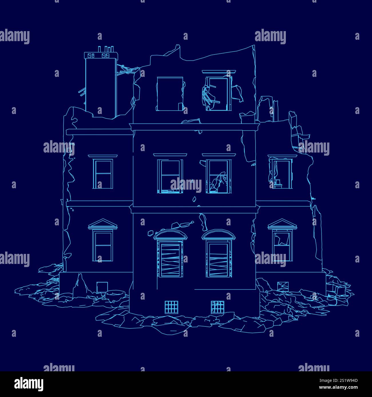 Blue drawing of a house with a chimney. The house is in ruins and has a ...