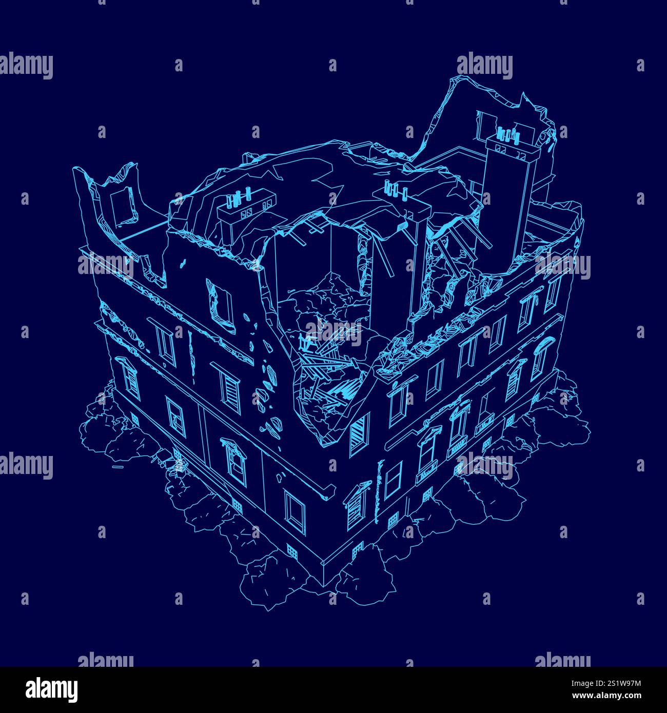 Blue drawing of a building with a lot of windows and a chimney. The ...