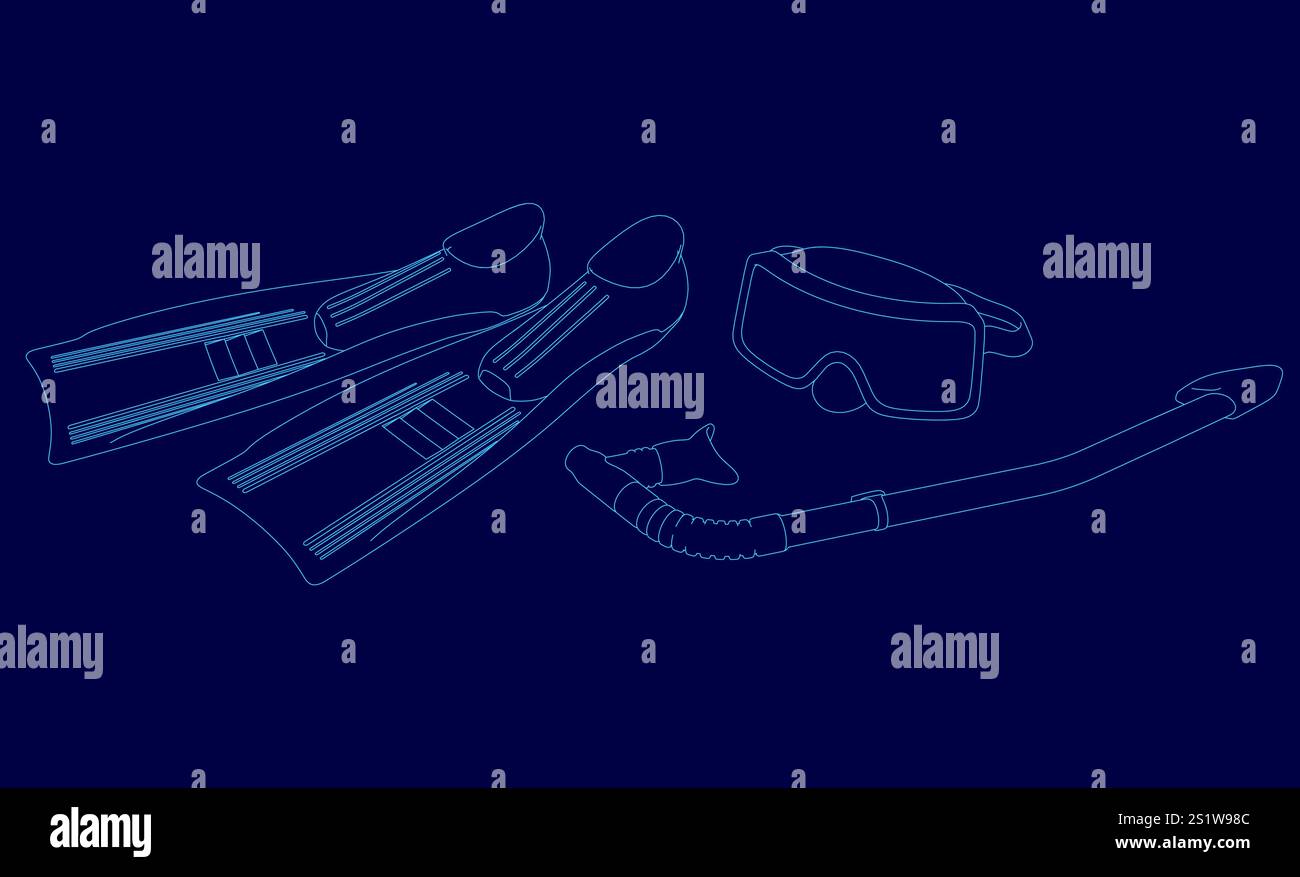 Blue image of a swimmer's gear, including goggles, flippers, and a ...