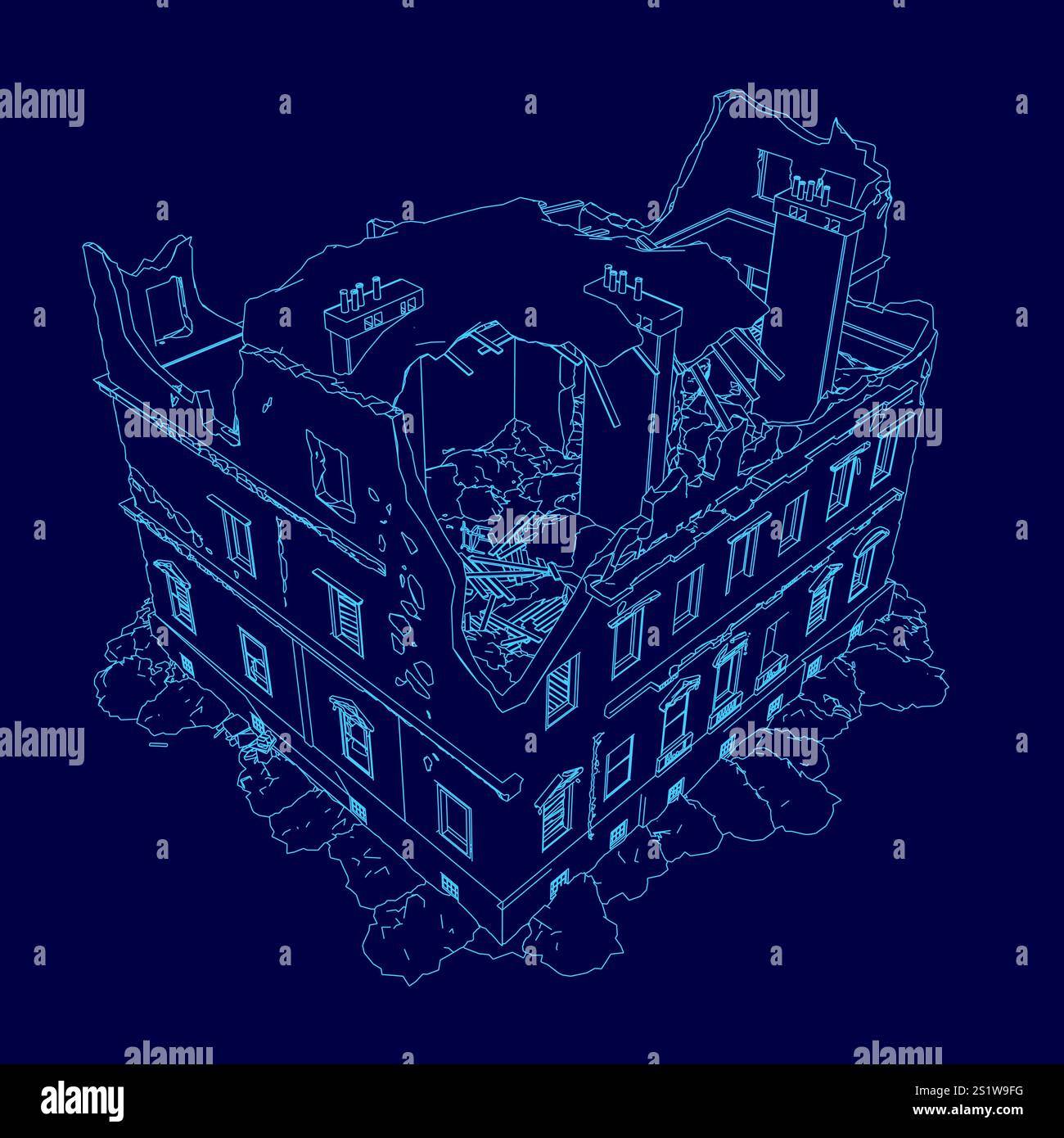 Blue drawing of a building with a lot of windows. The building appears ...