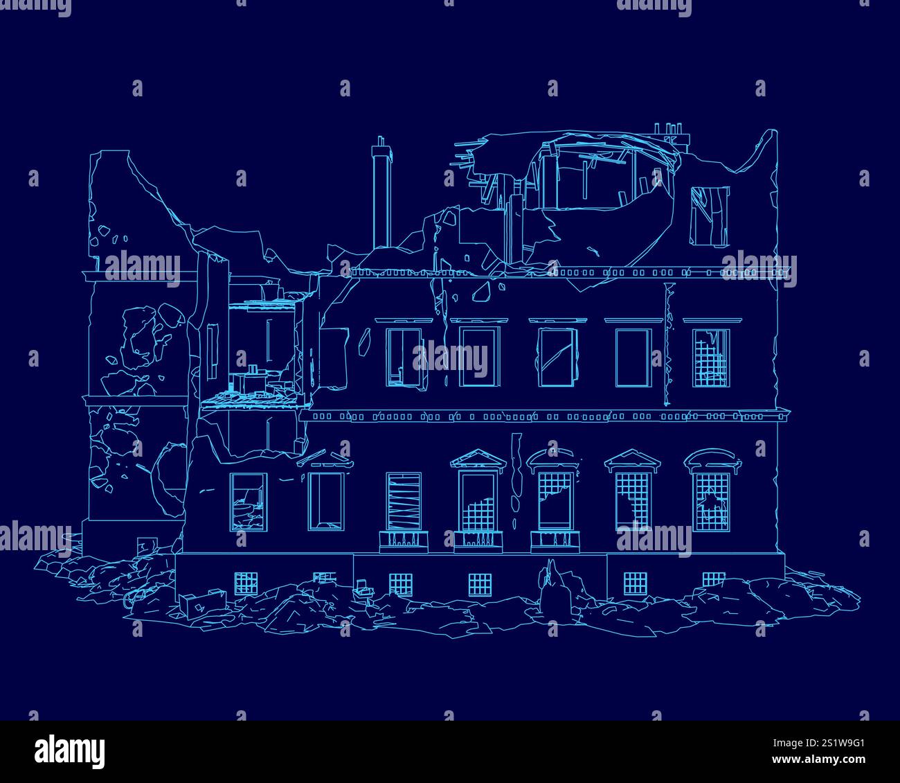 Blue drawing of a building with a lot of windows. The building appears ...