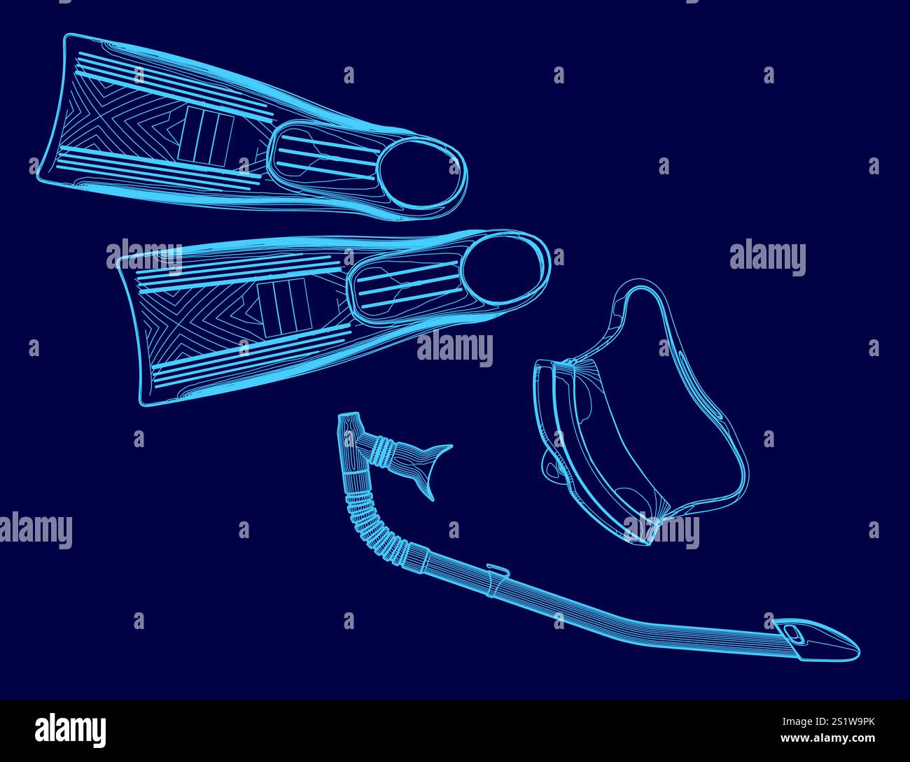 Pair of blue and flippers and a snorkel, which are essential gear for ...