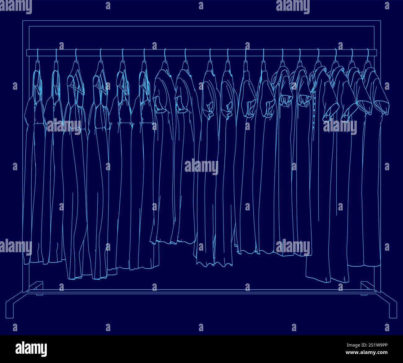 Blue line drawing of a row of clothes hanging on a rack. The clothes ...