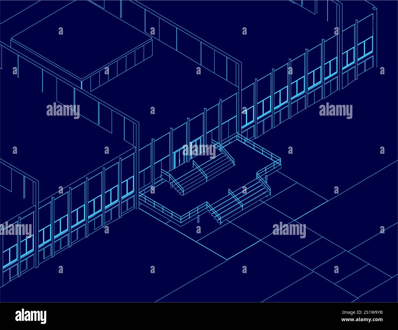The image is a blue drawing of a school building with a staircase ...