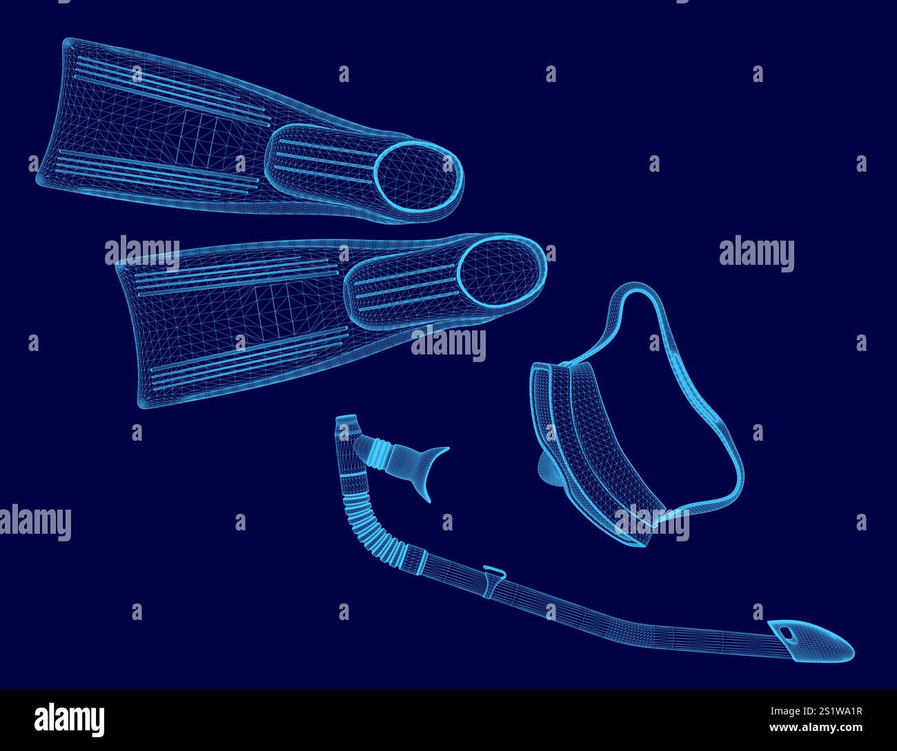 The image is a close up of a pair of flippers and a snorkel. The ...