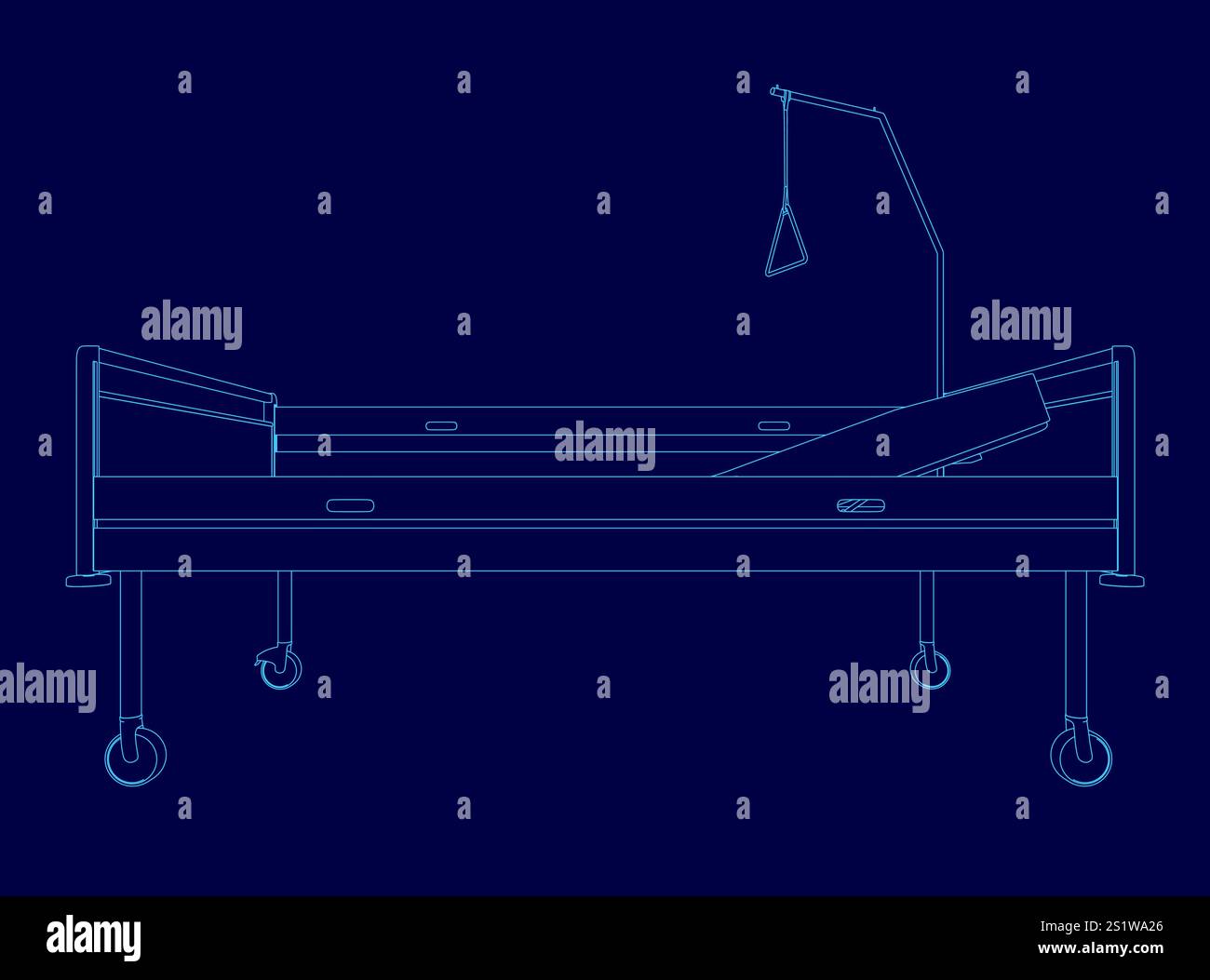 Blue drawing of a hospital bed with wheels. The bed is in a hospital ...
