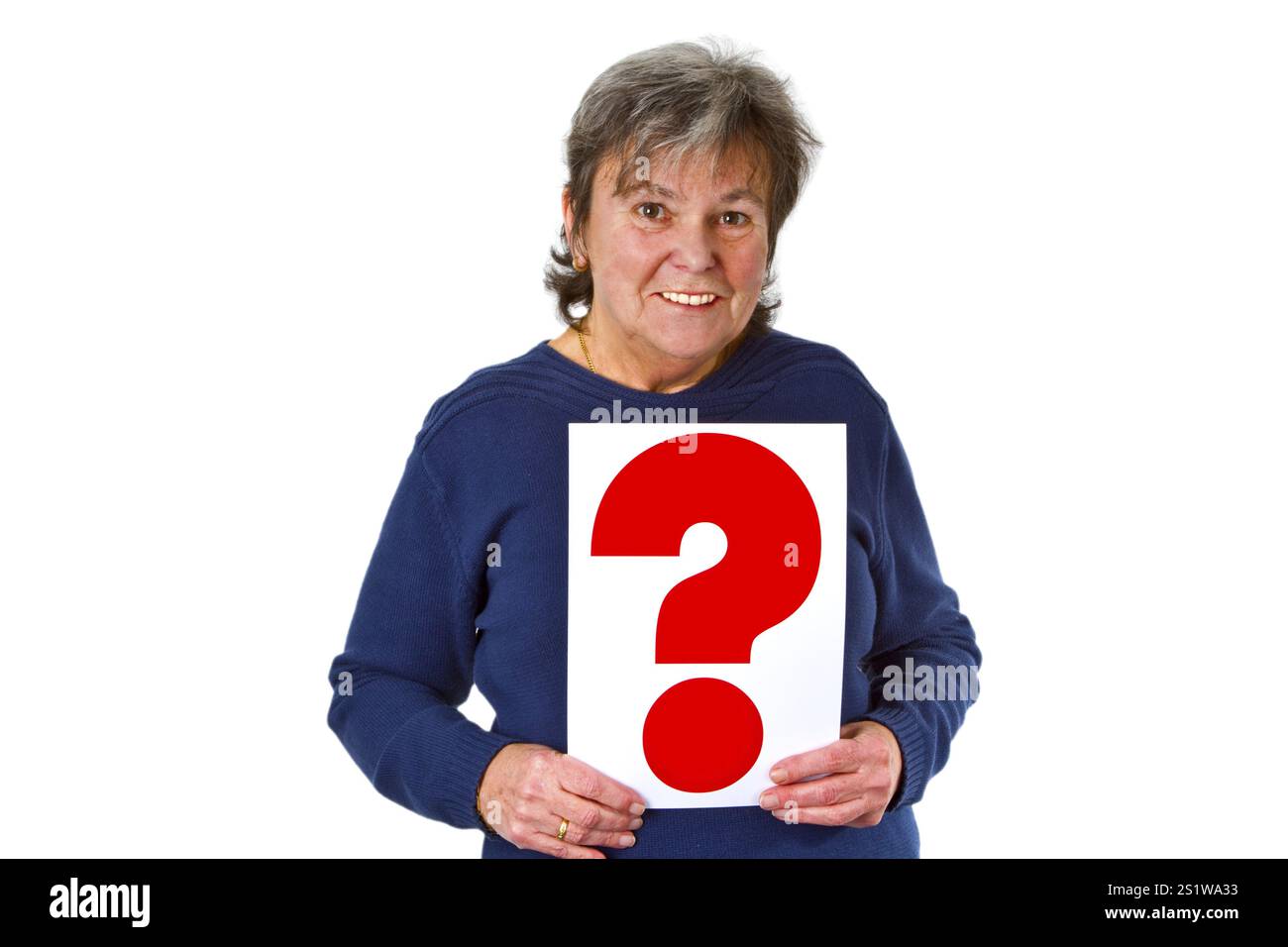 Senior holding question mark - cropped on white background Stock Photo ...