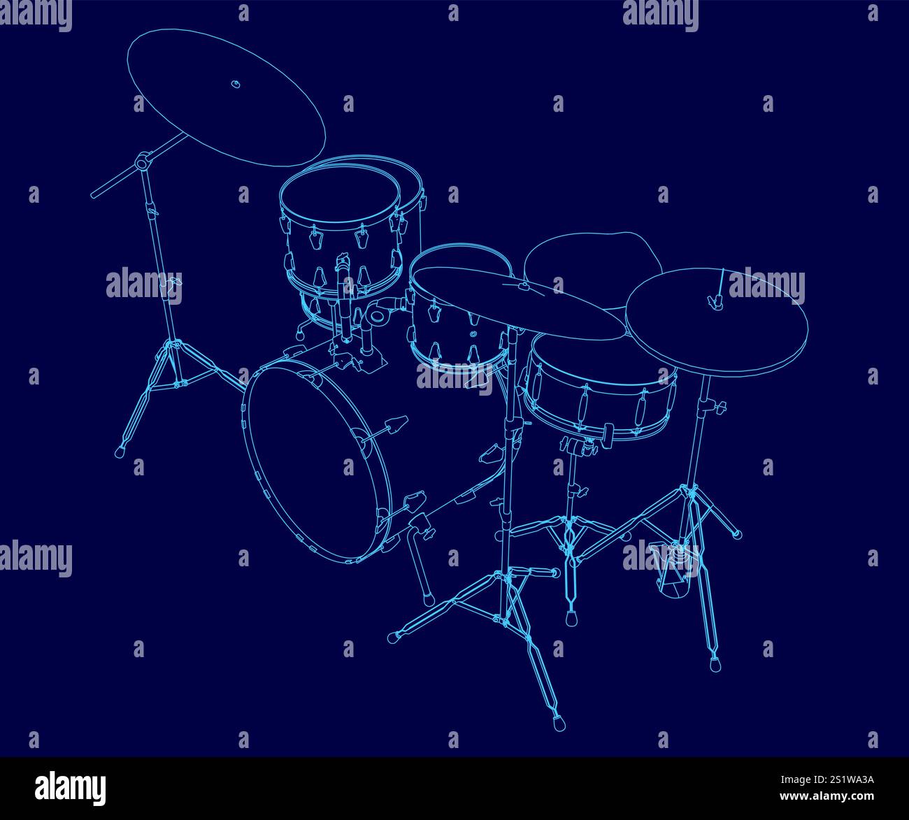 Blue drawing of a drum set with a blue background. The drum set is ...