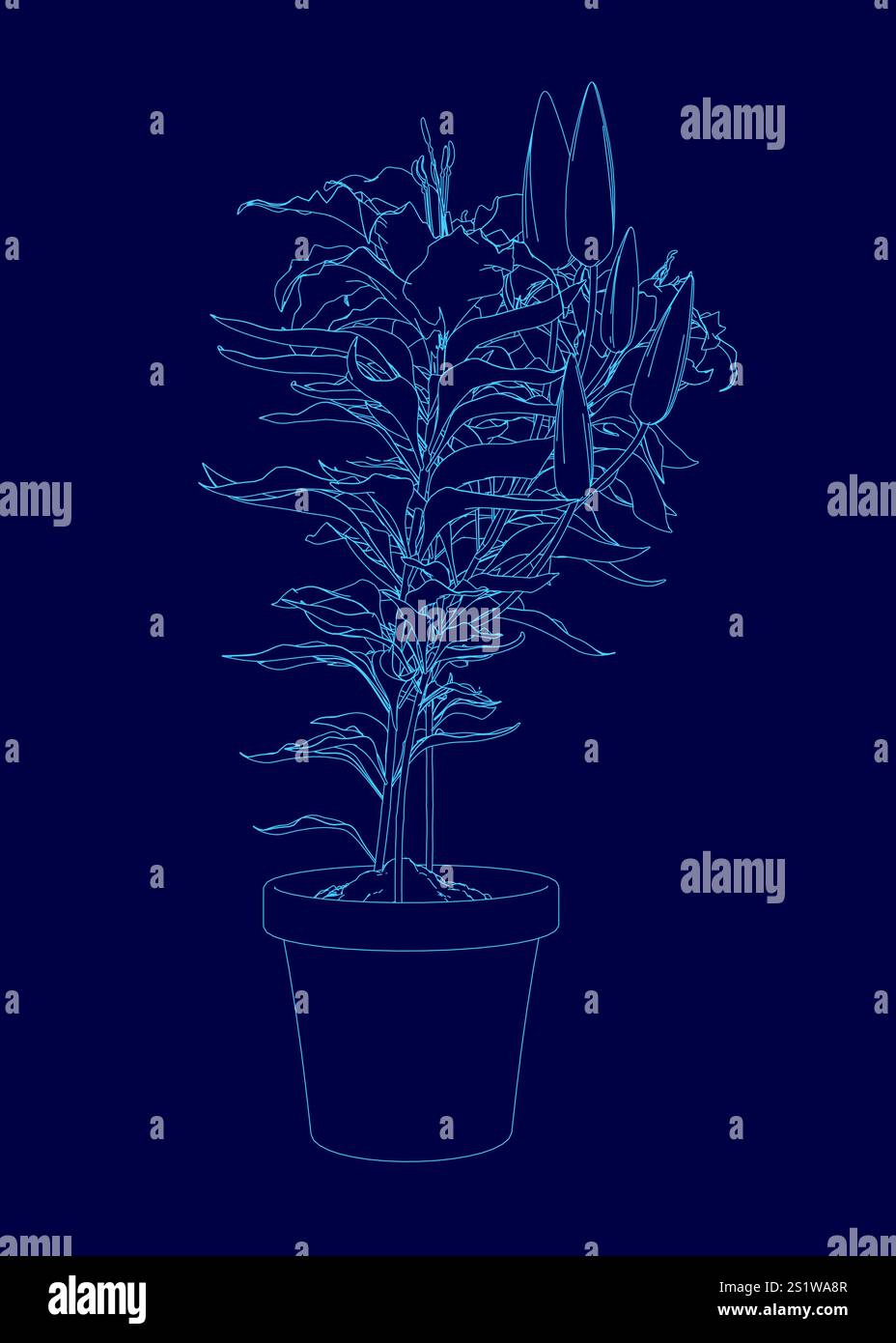 Blue drawing of a plant in a blue pot. The plant is tall and has leaves ...