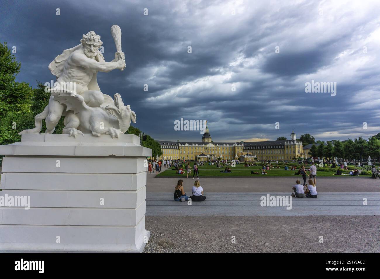 Statue of a strong man in front of the castle in Karlsruhe made of ...