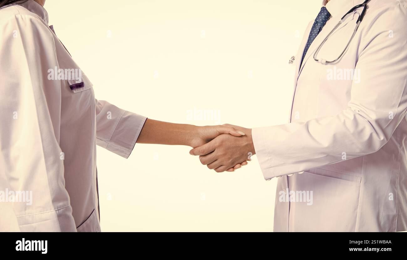 doctor handshake with nurse. two doctor shaking hands isolated on white ...