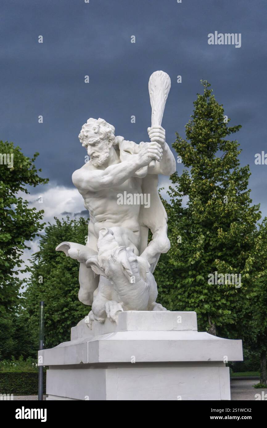 Statue of a strong man in front of the castle in Karlsruhe made of ...