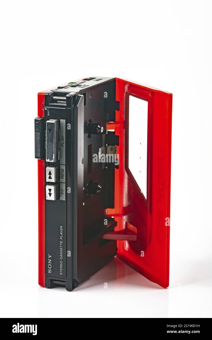 WETZLAR, Germany: 2022-04-16: Open red vintage SONY WALKMAN WM-24 over ...