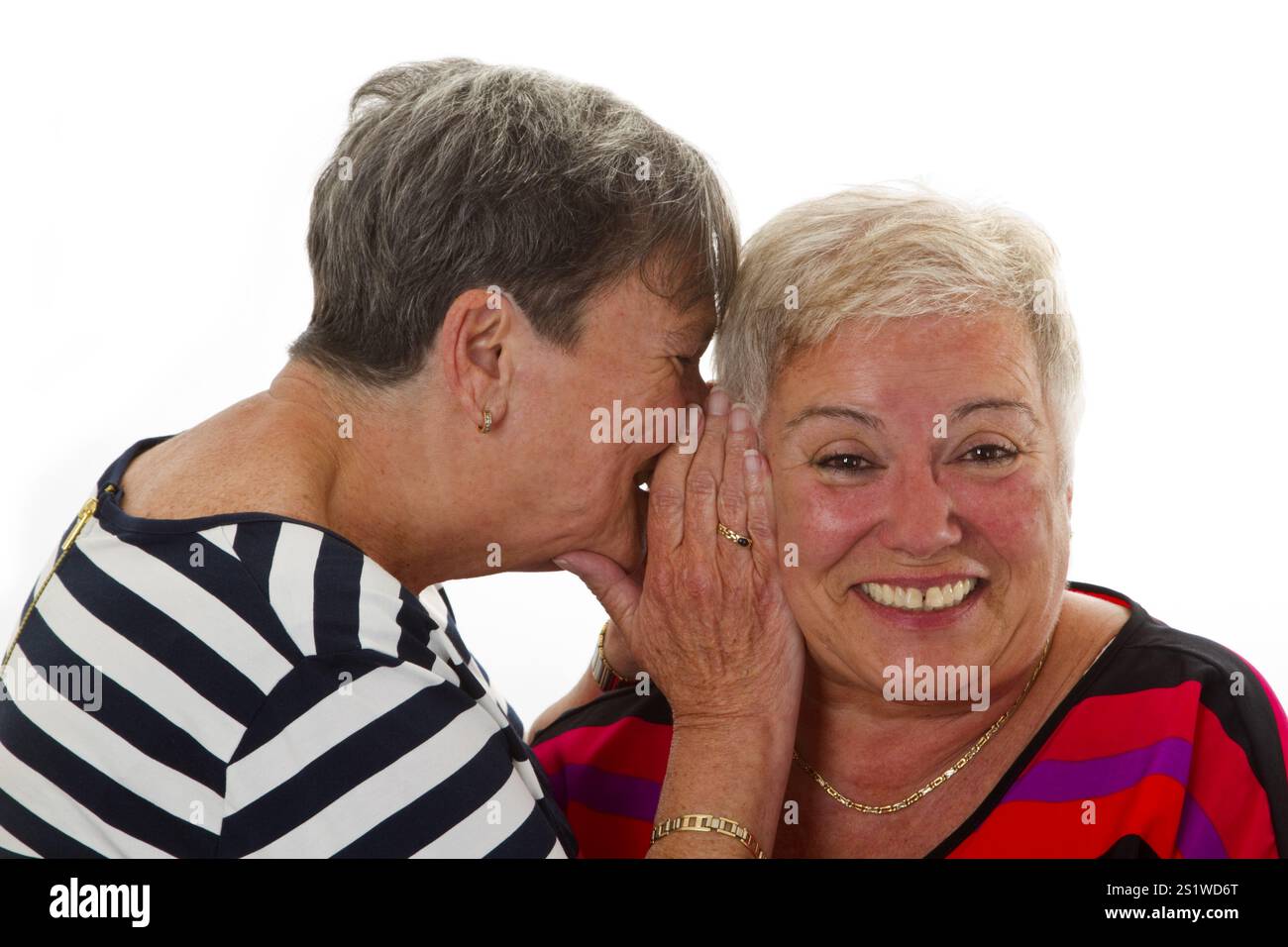 Two senior citizens communicate with each other . cropped on a white ...