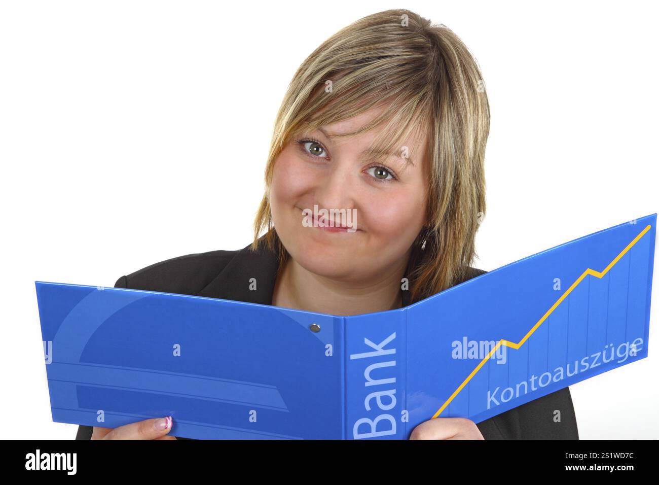 Young woman with bank statement folder - on light background Stock ...